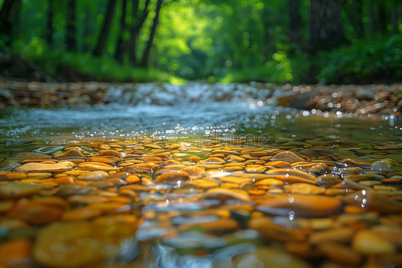 Tranquil Riverbed with Pebbles and Greenery Stock Image - Image of ...