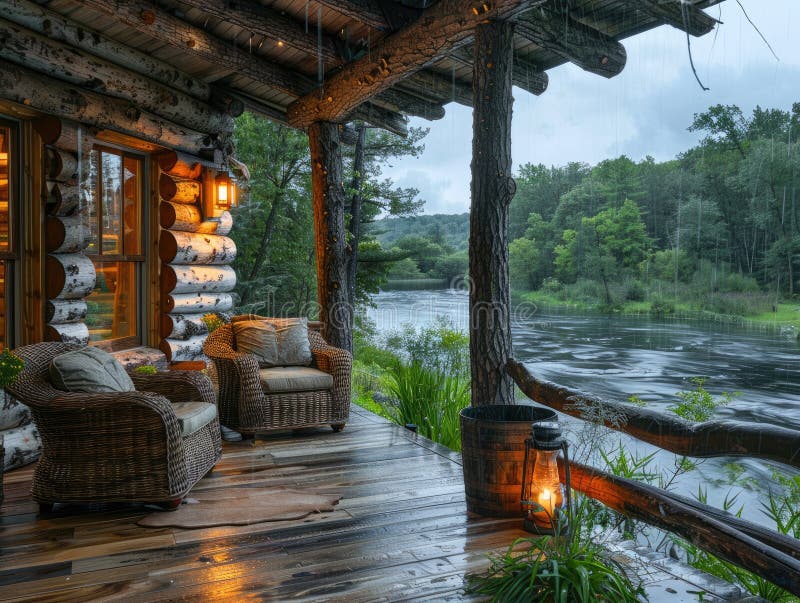 Tranquil Riverside Cabin Porch on a Rainy Afternoon Stock Illustration ...