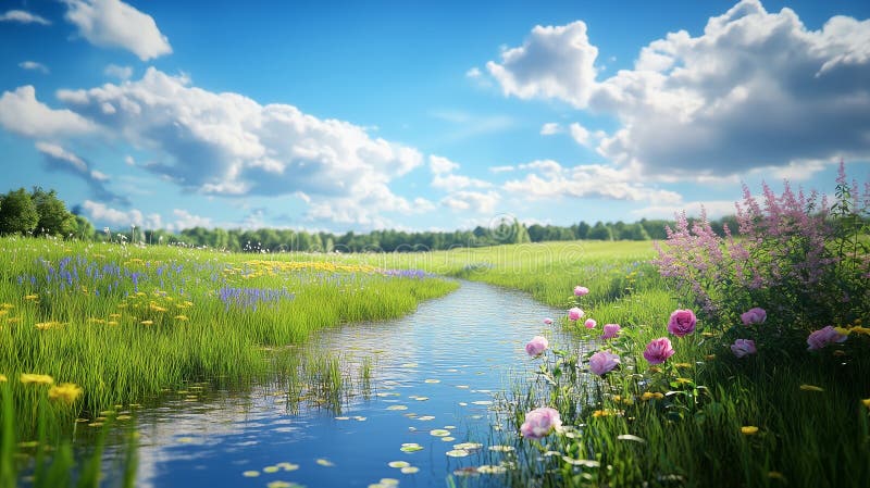 Tranquil Riverside Landscape Featuring Blooming Flowers and Lush ...
