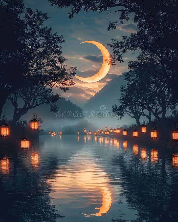 Tranquil Riverside at Night with Crescent Moon and Lanterns Stock ...