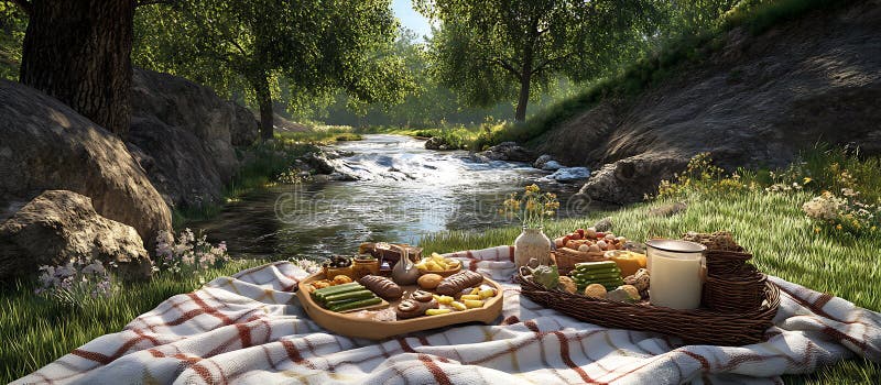 Tranquil Riverside Picnic Setup with a Blanket Healthy Snacks and a ...