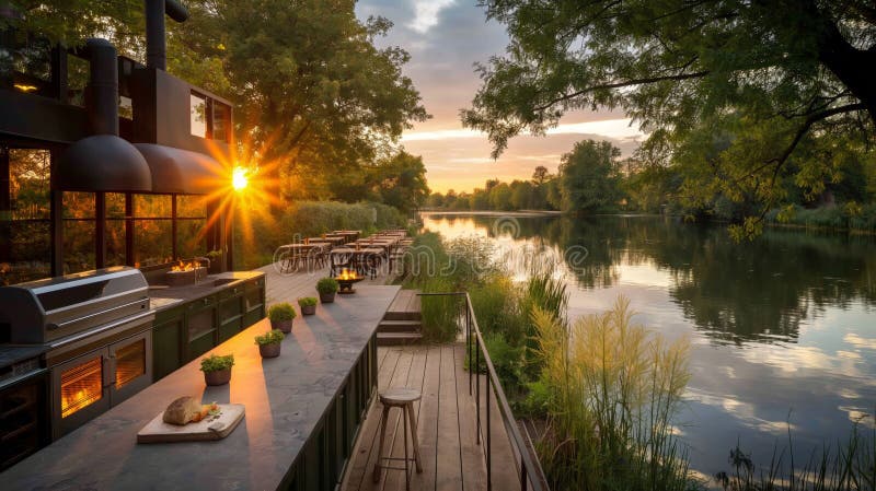 A Tranquil Riverside Scene Featuring a Modern Outdoor Kitchen and ...