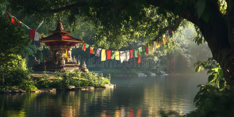 A Tranquil Riverside Temple Surrounded by Lush Greenery, with Prayer ...