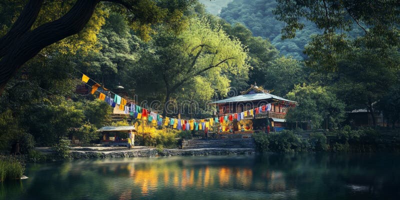 A Tranquil Riverside Temple Surrounded by Lush Greenery, with Prayer ...