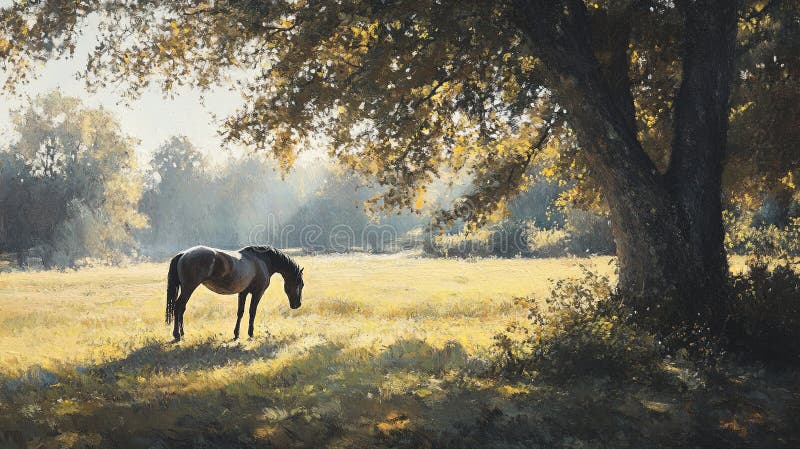 A Tranquil Rural Scene with a Grazing Horse Under a Tree, Soft Light ...