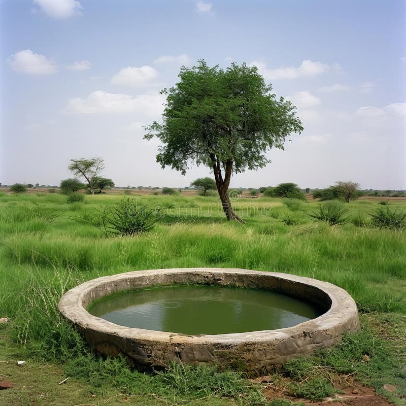 Tranquil Rural Scene with Water Source and Greenery Stock Illustration ...