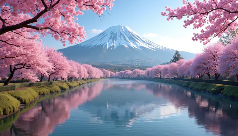 Tranquil Sakura Blossom Landscape with Mount Fuji Reflection, Perfect ...
