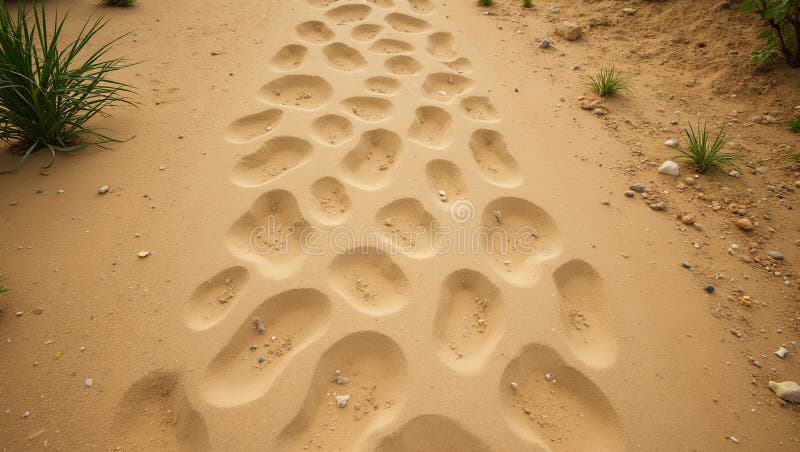 Tranquil Sandy Path with Footprints Stones and Grass Tufts Stock ...