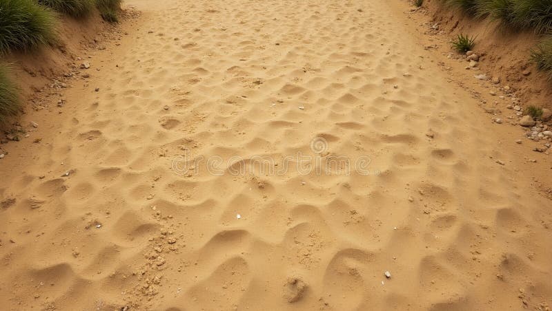 Tranquil Sandy Path with Footprints Stones and Grass Tufts Stock ...