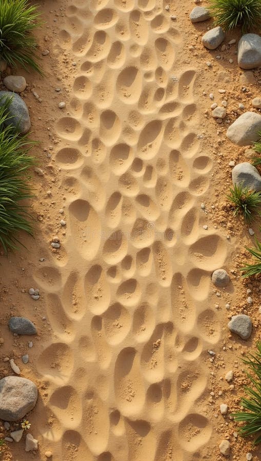 Tranquil Sandy Pathway with Scattered Footprints and Small Stones ...