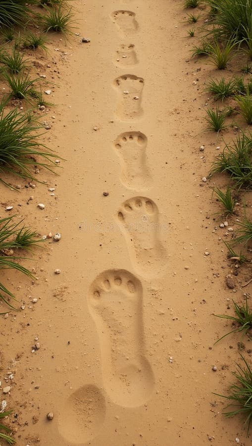 Tranquil Sandy Pathway with Scattered Footprints and Small Stones ...
