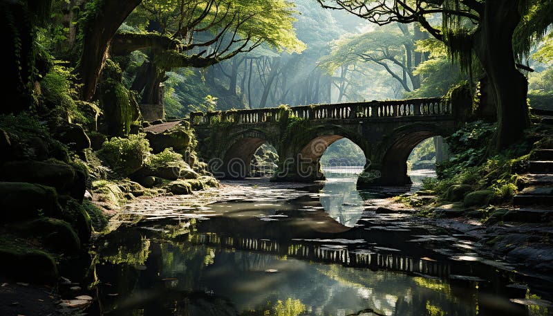 Tranquil Scene Ancient Bridge Reflects on Serene Forest Pond Generated ...