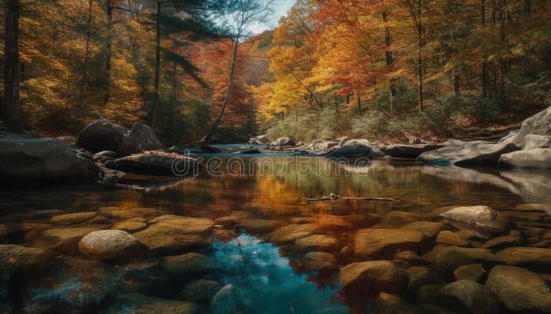 Tranquil Scene of Autumn Forest by Water Generated by AI Stock Image ...