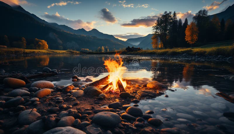 Tranquil Scene Campfire Flame Reflects on Mountain Tranquil Water ...
