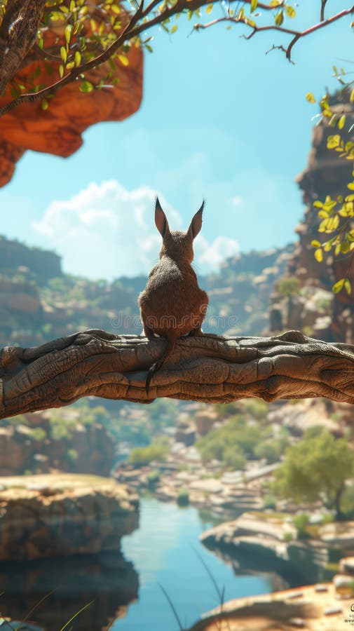 Serene Rabbit Perched on Tree Branch Overlooking a Majestic Canyon ...