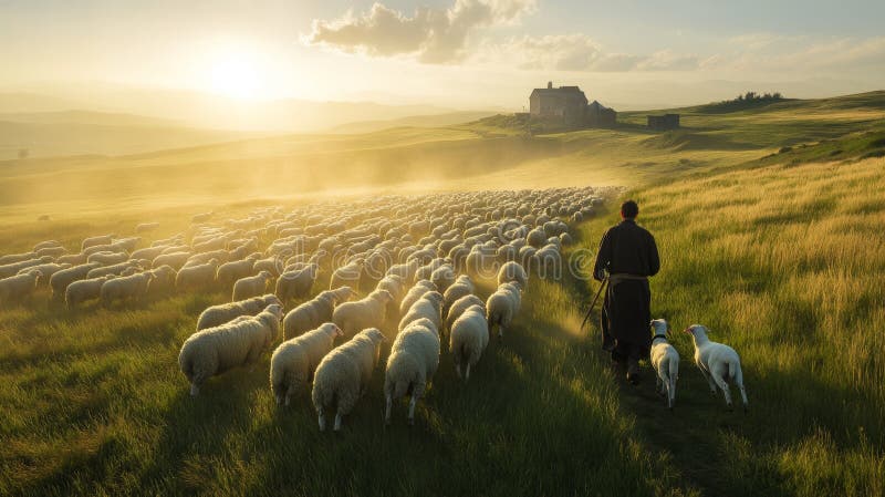Serene Herding Scene at Sunrise with Sheep and Shepherd Stock ...