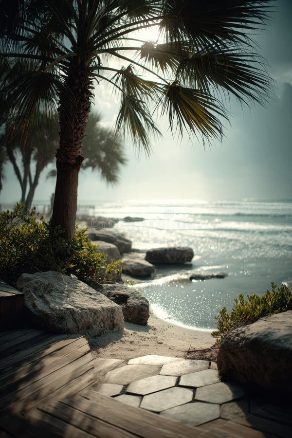 Scenic Beachside Pathway with Palm Trees and Ocean Views at Dawn Stock ...