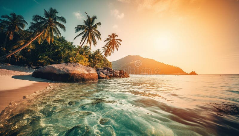 Tranquil Scene at Dawn, Palm Trees Sway Generated by AI Stock Photo ...