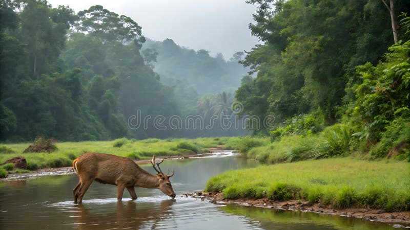 Tranquil Scene of a Deer Drinking in a Forest Stream Stock Illustration ...