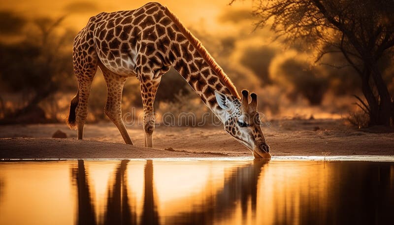 A Tranquil Scene at Dusk Giraffe Standing, Looking at Camera Generated ...