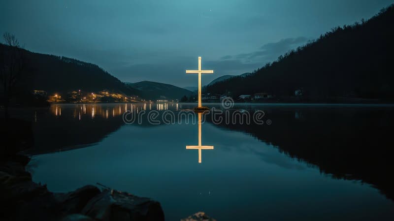 Reflection of a Cross in Serene Water Stock Illustration - Illustration ...