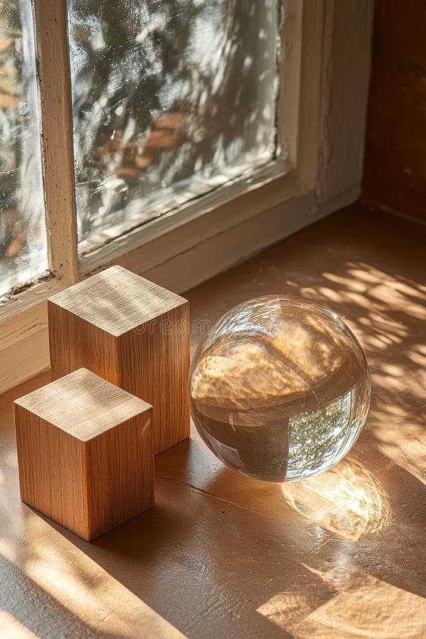 Warm Afternoon Light Illuminates Two Wooden Blocks and a Glass Sphere ...