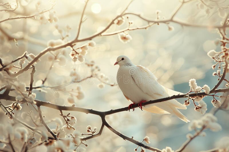 A Tranquil Scene Featuring a White Dove Resting on a Tree Branch Stock ...
