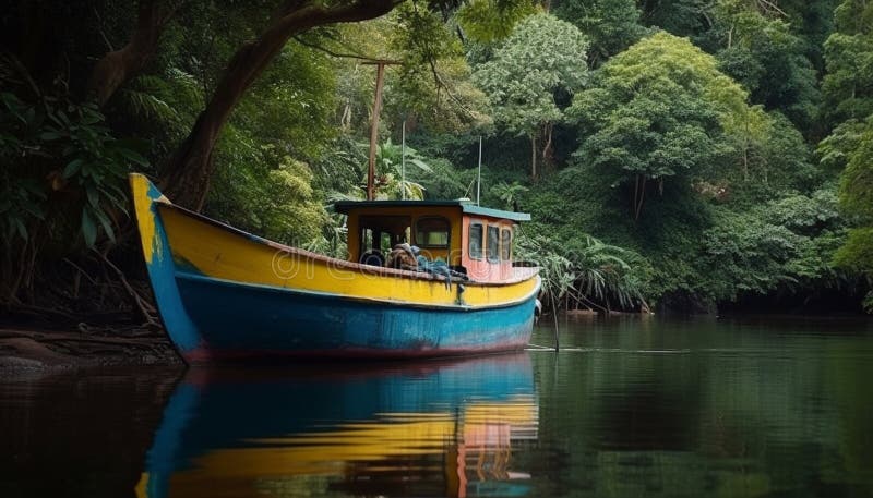 Tranquil Scene of Fishing Boat on Reflection Generated by AI Stock ...