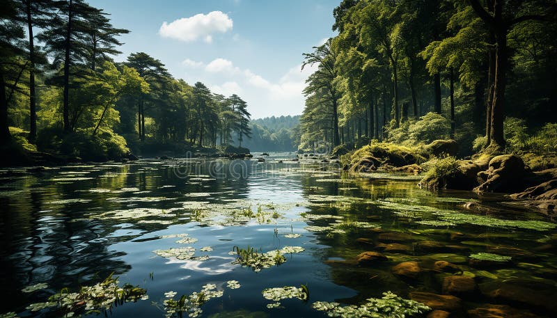 Tranquil Scene Green Forest Reflects in Peaceful Pond Generated by AI ...