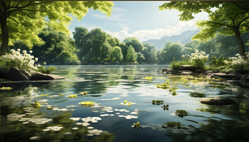 Tranquil Scene Green Forest, Tree, Pond Reflect Beauty in Nature ...