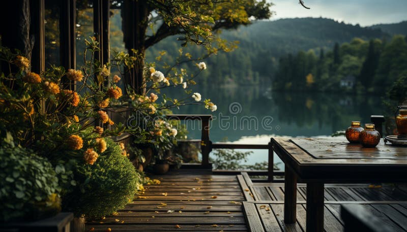 Tranquil Scene Green Meadow, Blue Water, Rustic Wood Bench Generated by ...