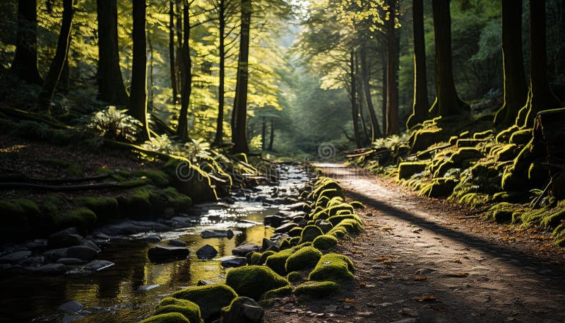 Tranquil Scene Green Tree, Autumn Leaf, Flowing Water, Peaceful Forest ...