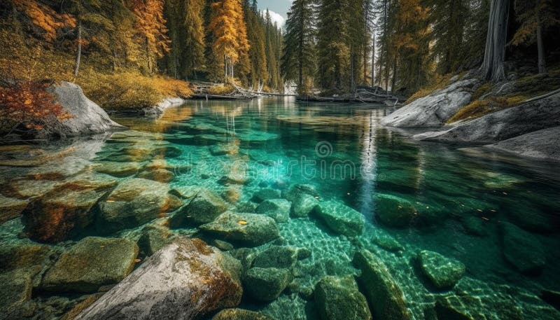 Tranquil Scene Majestic Pine Trees Reflect in Transparent Flowing Water ...