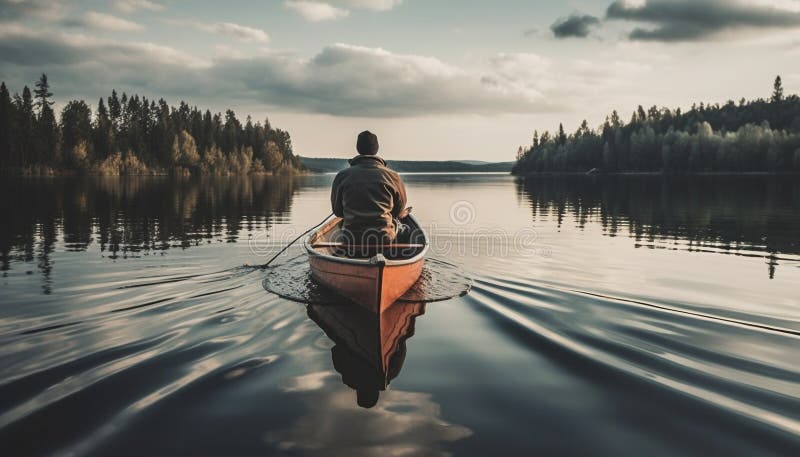 Tranquil Scene of Men Canoeing on Reflection Generated by AI Stock ...