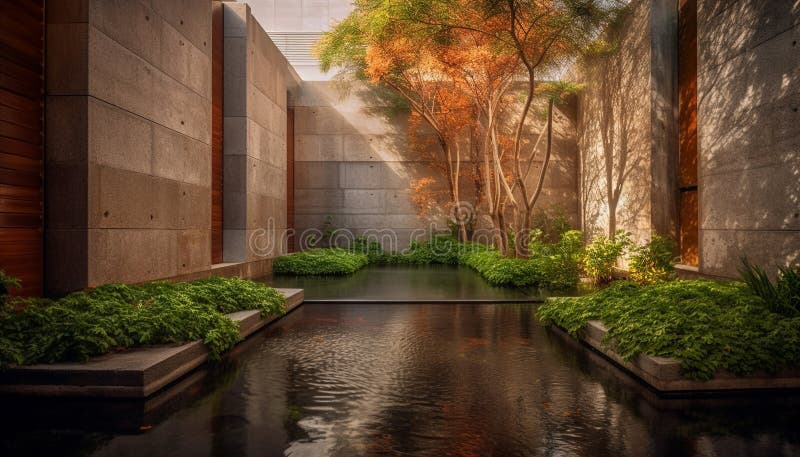 Tranquil Scene of Modern Architecture by Pond Generated by AI Stock ...