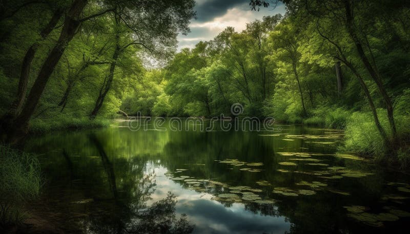 Tranquil Scene of Natural Beauty Forest, Pond, and Sunset Sky Generated ...