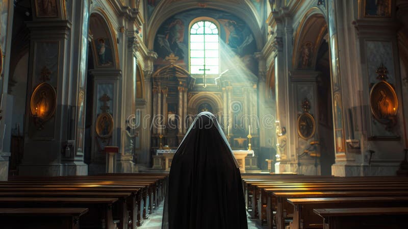 Tranquil Scene Nun in Deep Prayer, Viewed from Behind, Inside a ...