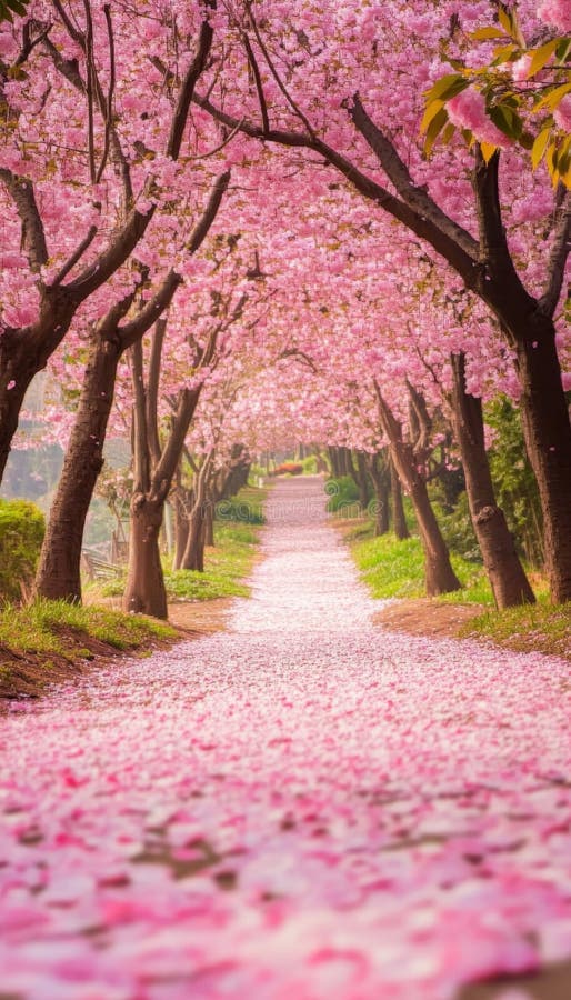 Tranquil Scene of a Pathway Surrounded by Blooming Cherry Blossom Trees ...