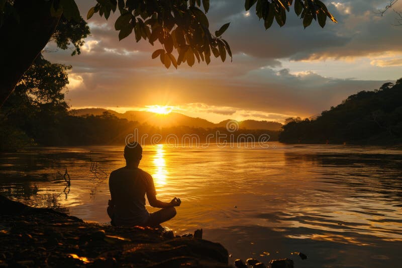 Tranquil Scene of a Person Meditating beside a Calm River at Sunset ... Tranquil Scene of a Person Meditating beside a Calm River at Sunset ...