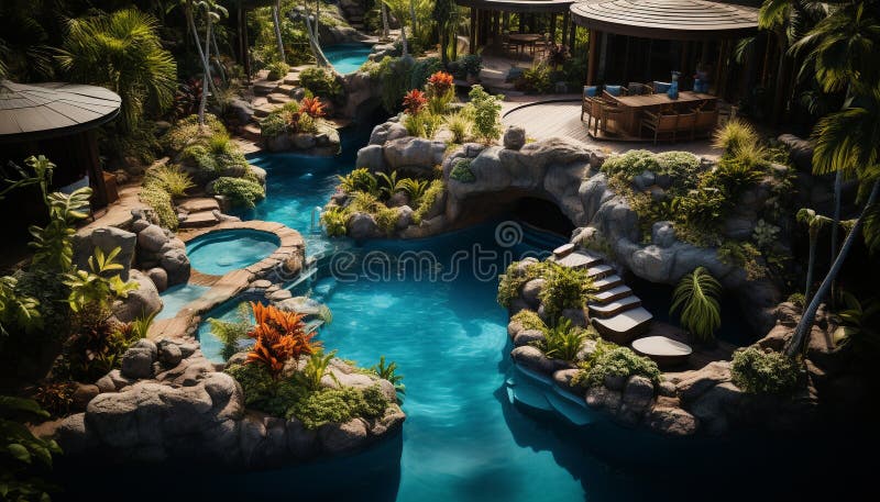 Tranquil Scene Pond Reflects Green Tree, Fish Swim in Water Generated ...