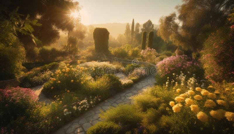 Tranquil Scene of Purple Flowers at Dawn Generated by AI Stock ...