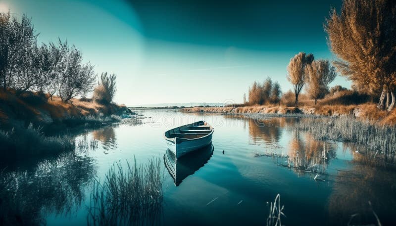 Tranquil Scene of Reflection, Rustic Rowboat Adventure Generated by AI ...
