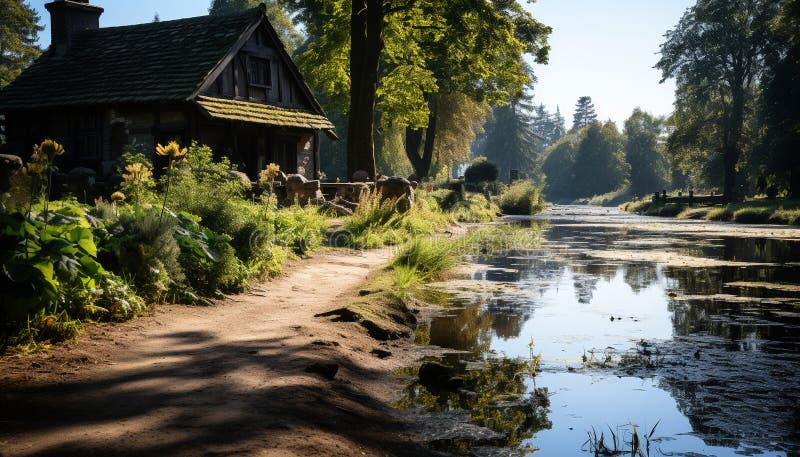 Tranquil Scene of a Rustic Cottage Near a Pond Generated by AI Stock ...