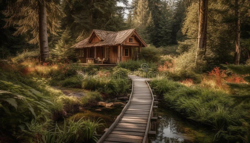 Tranquil Scene of Rustic Log Cabin in Forest Near Mountain Range ...