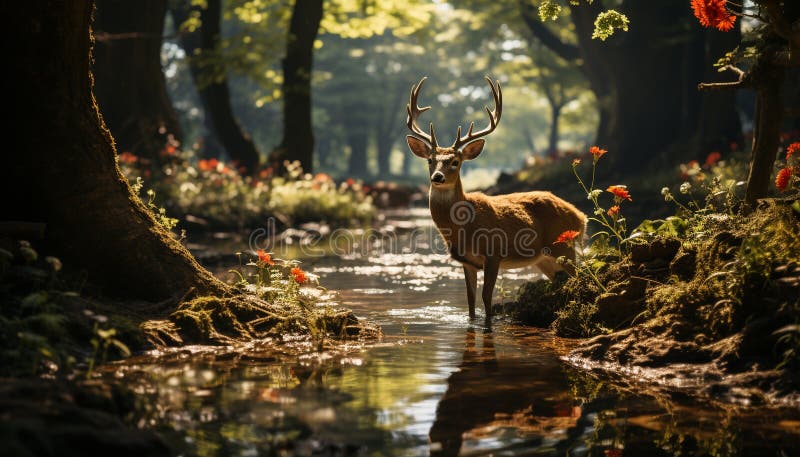 Tranquil Scene of a Stag Standing in a Forest Pond Generated by AI ...