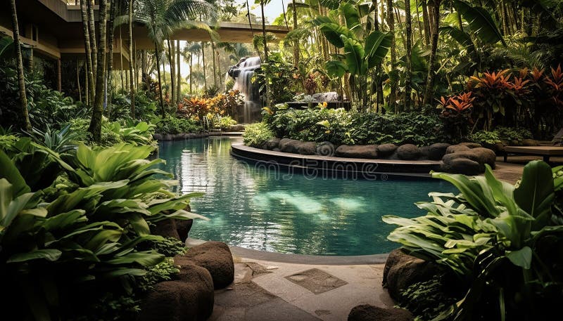 A Tranquil Scene of a Tropical Rainforest with a Swimming Pool ...