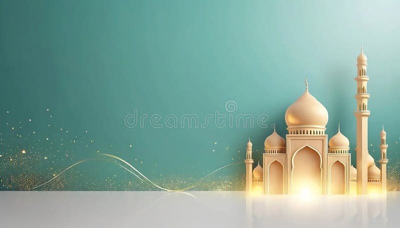 Serene Mosque Silhouette - Golden Glow, Teal Background Stock ...