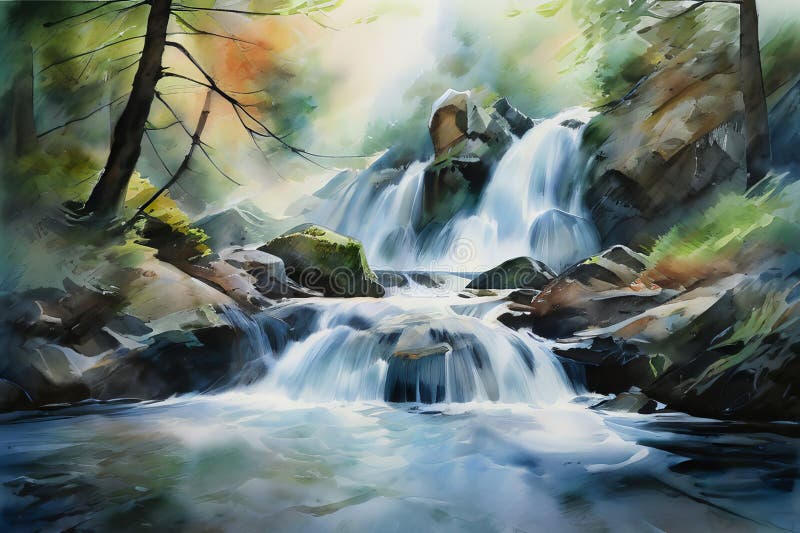 A Tranquil Scene of a Waterfall Captured with Slow Shutter Speed Stock ...