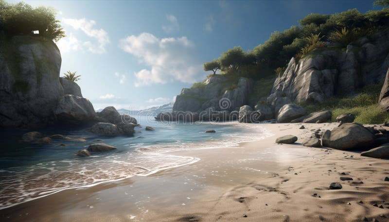 Tranquil Scene of Waters Edge, Rocky Cliff, and Transparent Wave ...