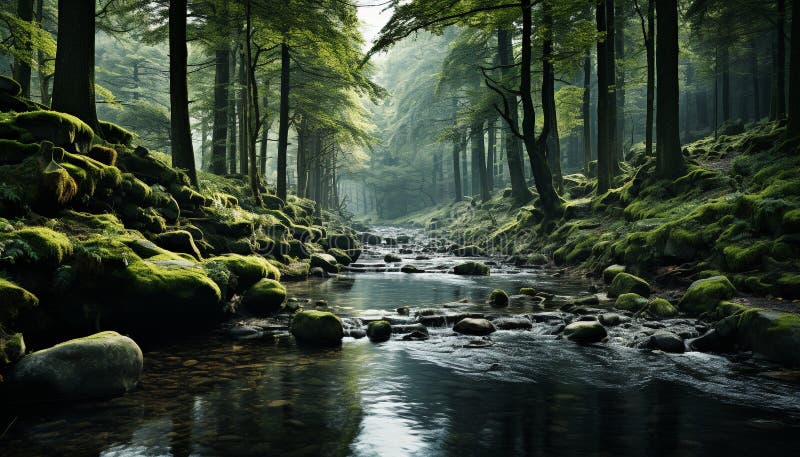Tranquil Scene of a Wet, Green Forest with Flowing Water Generated by ...